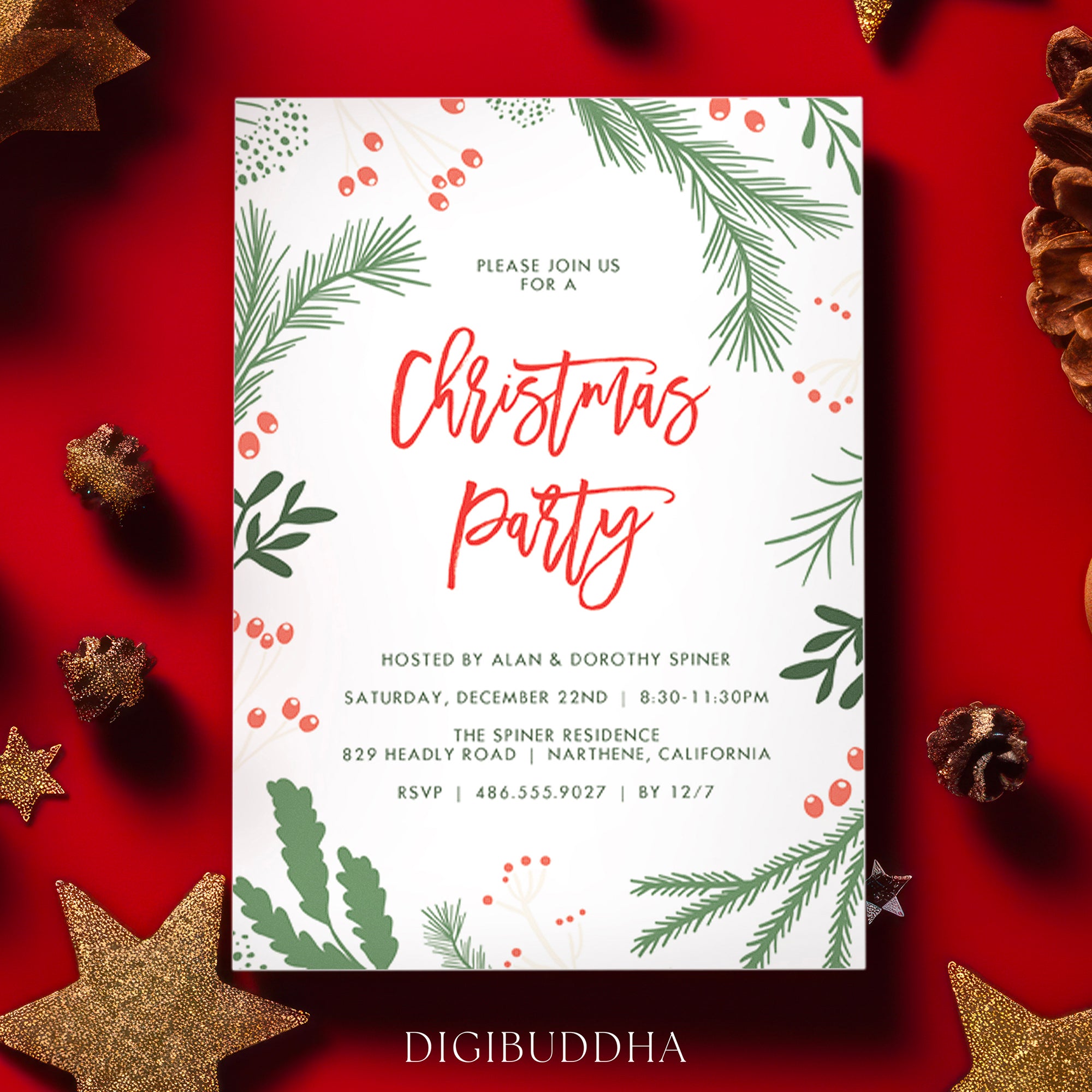 Holly Festive Christmas Party Invitations | Digibuddha