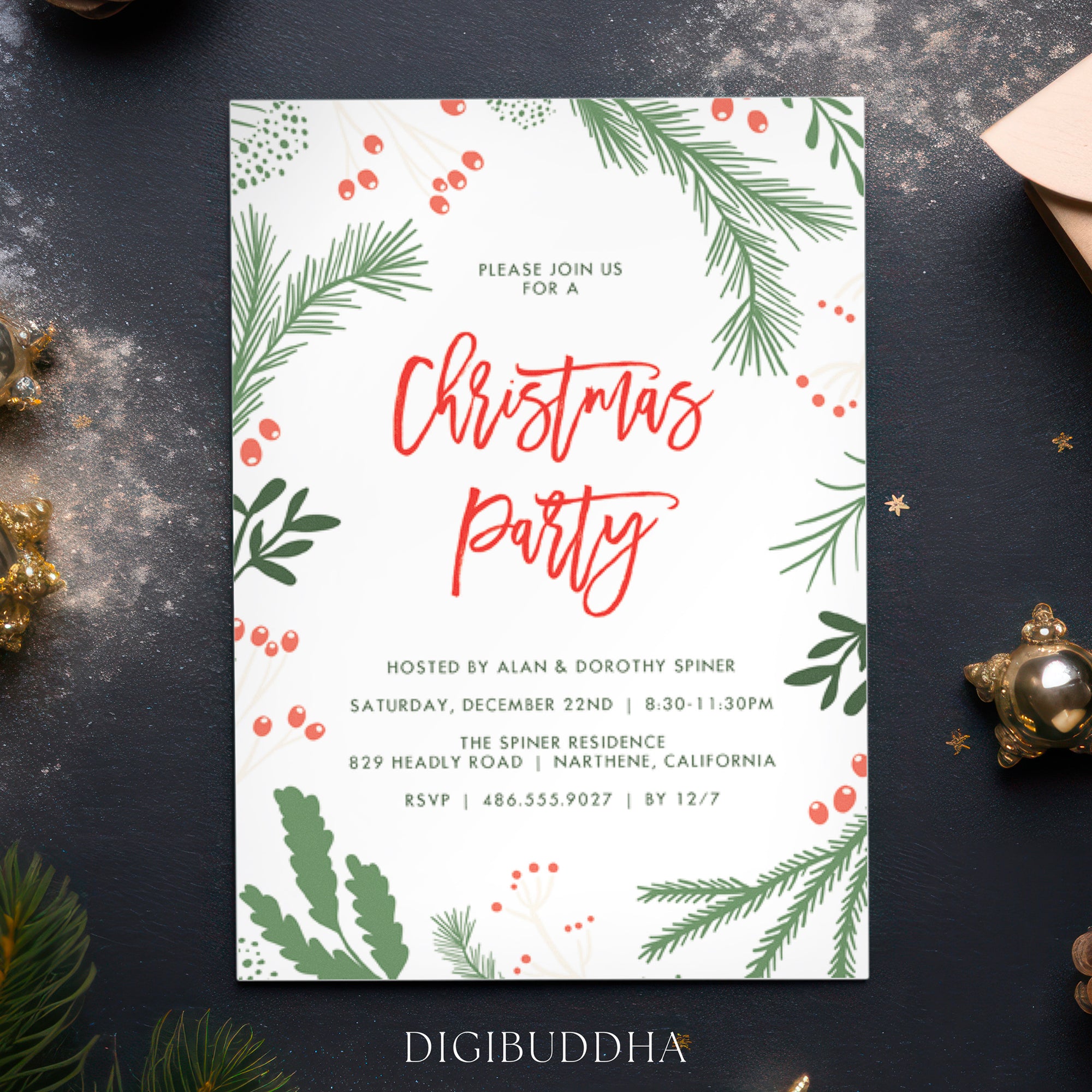 Holly Festive Christmas Party Invitations | Digibuddha