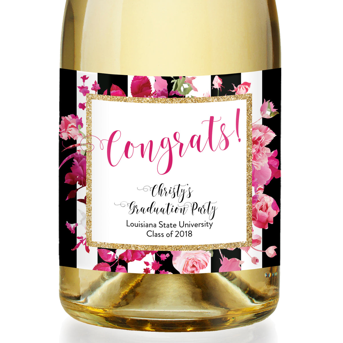 "Christy" Floral + Black Stripe Graduation Champagne Labels – Digibuddha