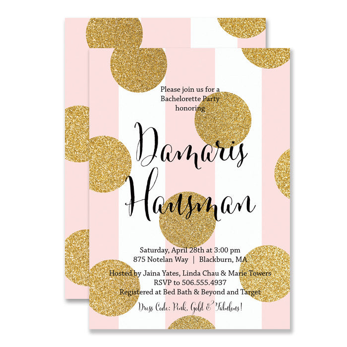 Pink Stripe + Gold Glitter Dots Bachelorette Invitation – Digibuddha