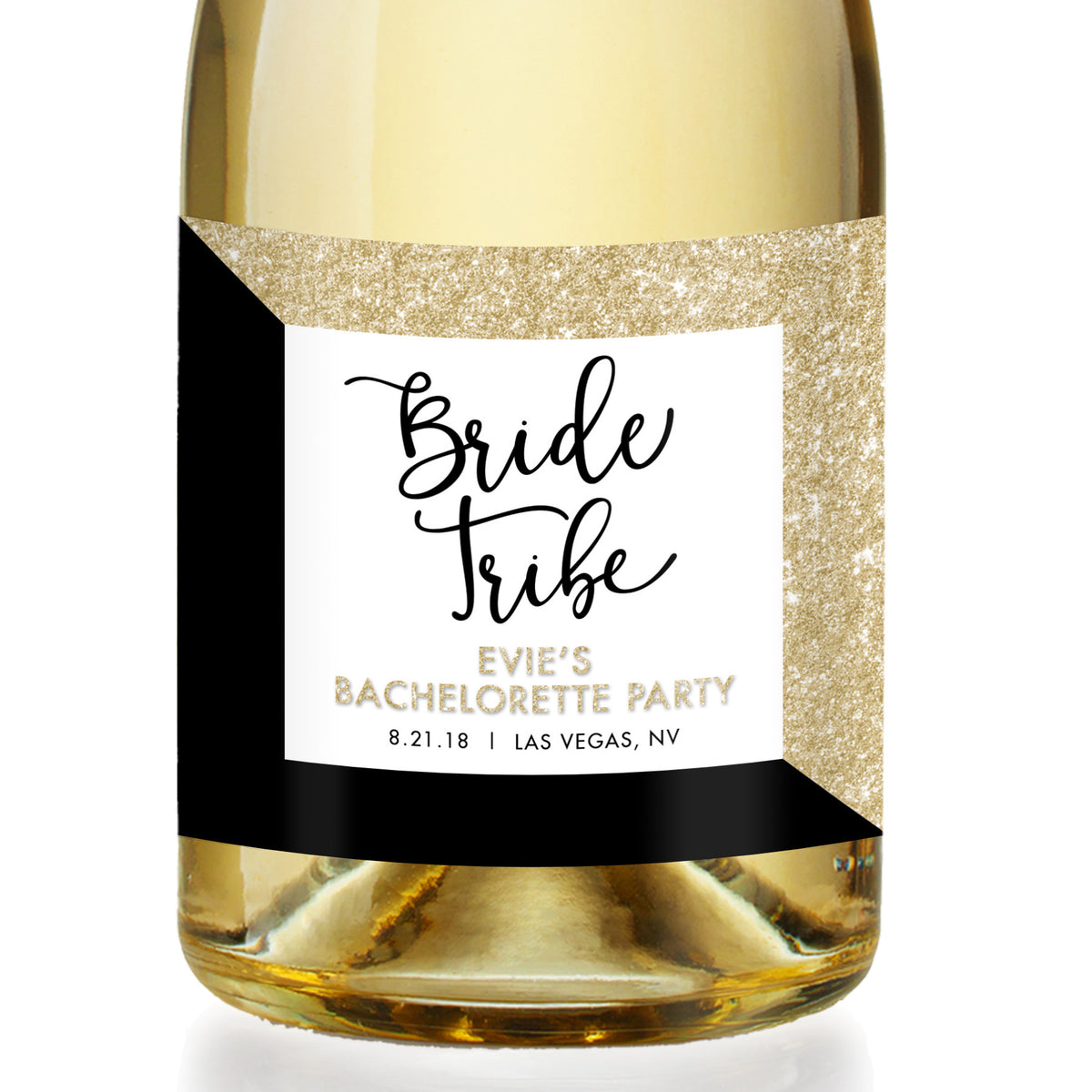 "Evie" Gold Glitter + Black Bachelorette Party Champagne Labels ...