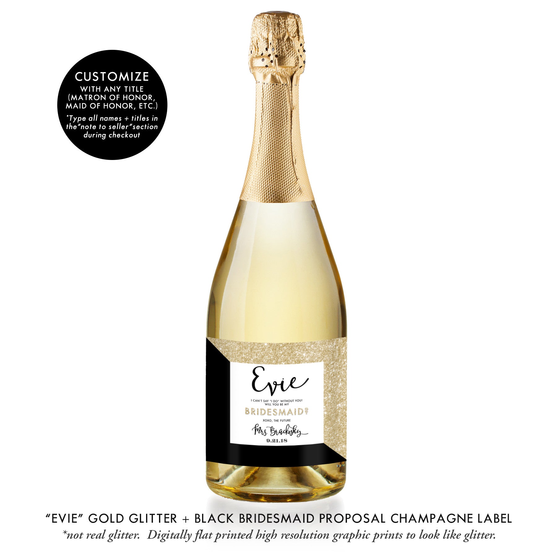 "Evie" Gold Glitter + Black Bridesmaid Proposal Champagne Labels ...