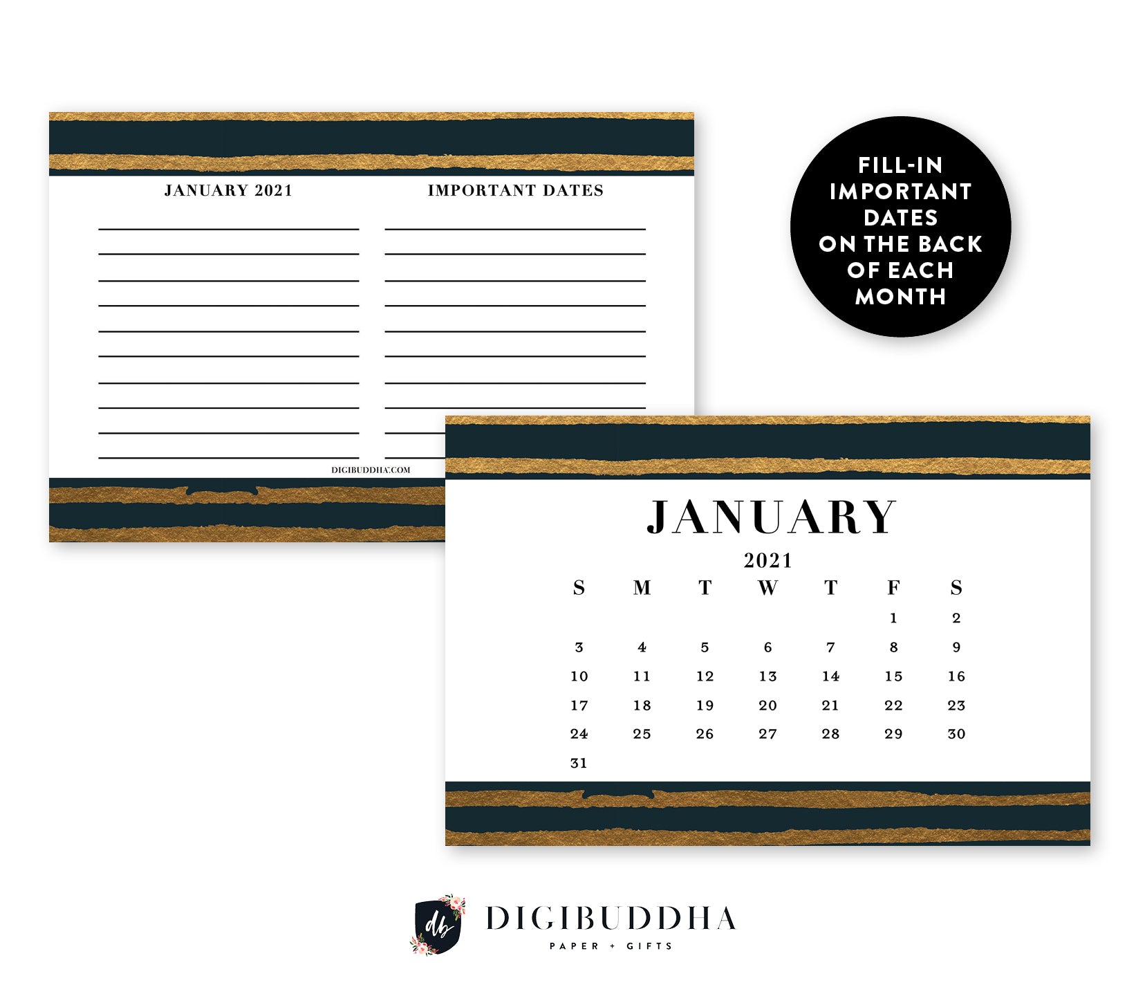 2021 Classic Black & Gold Desk Calendar by Digibuddha | Coll. 25