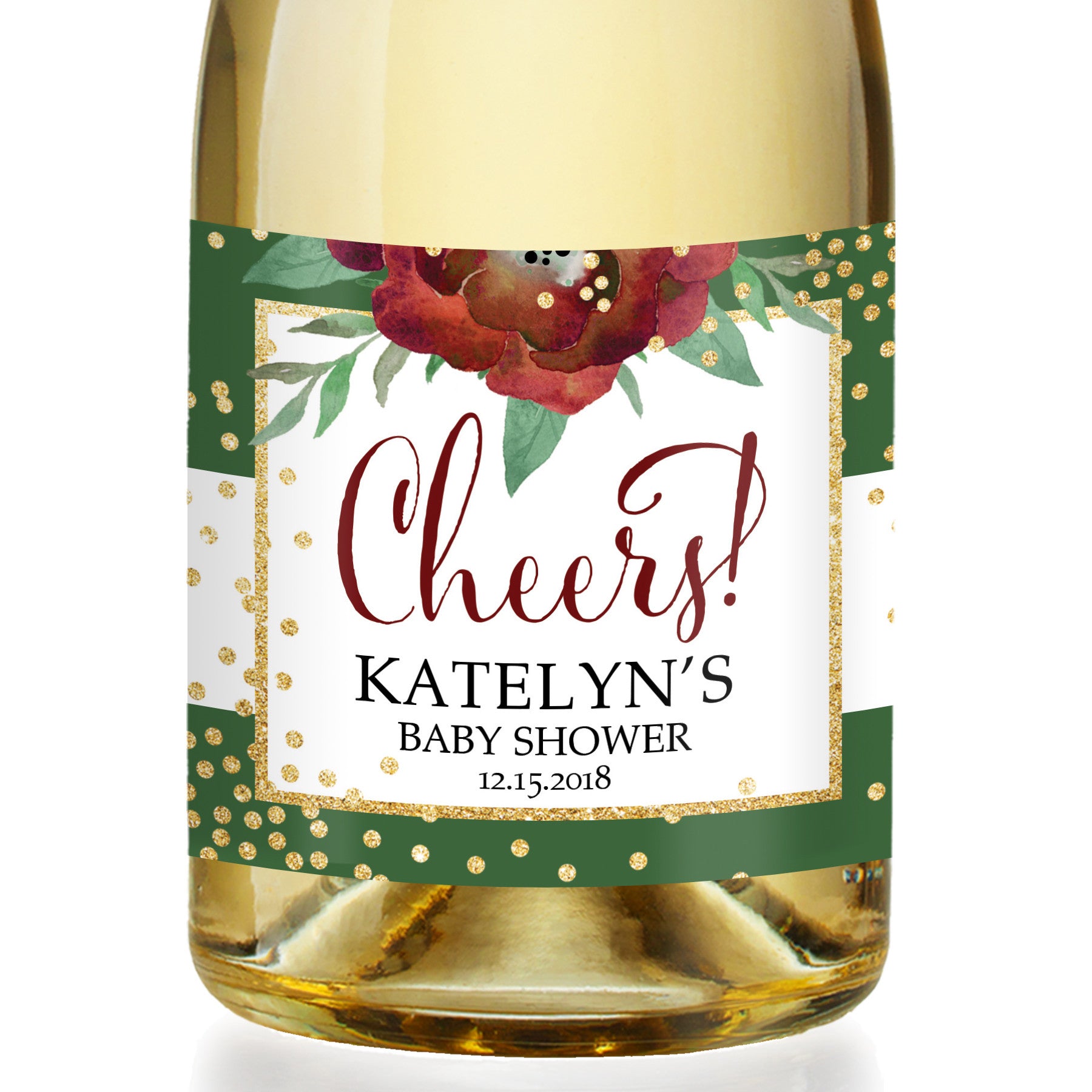 "Katelyn" Green + White Holiday Baby Shower Champagne Labels – Digibuddha