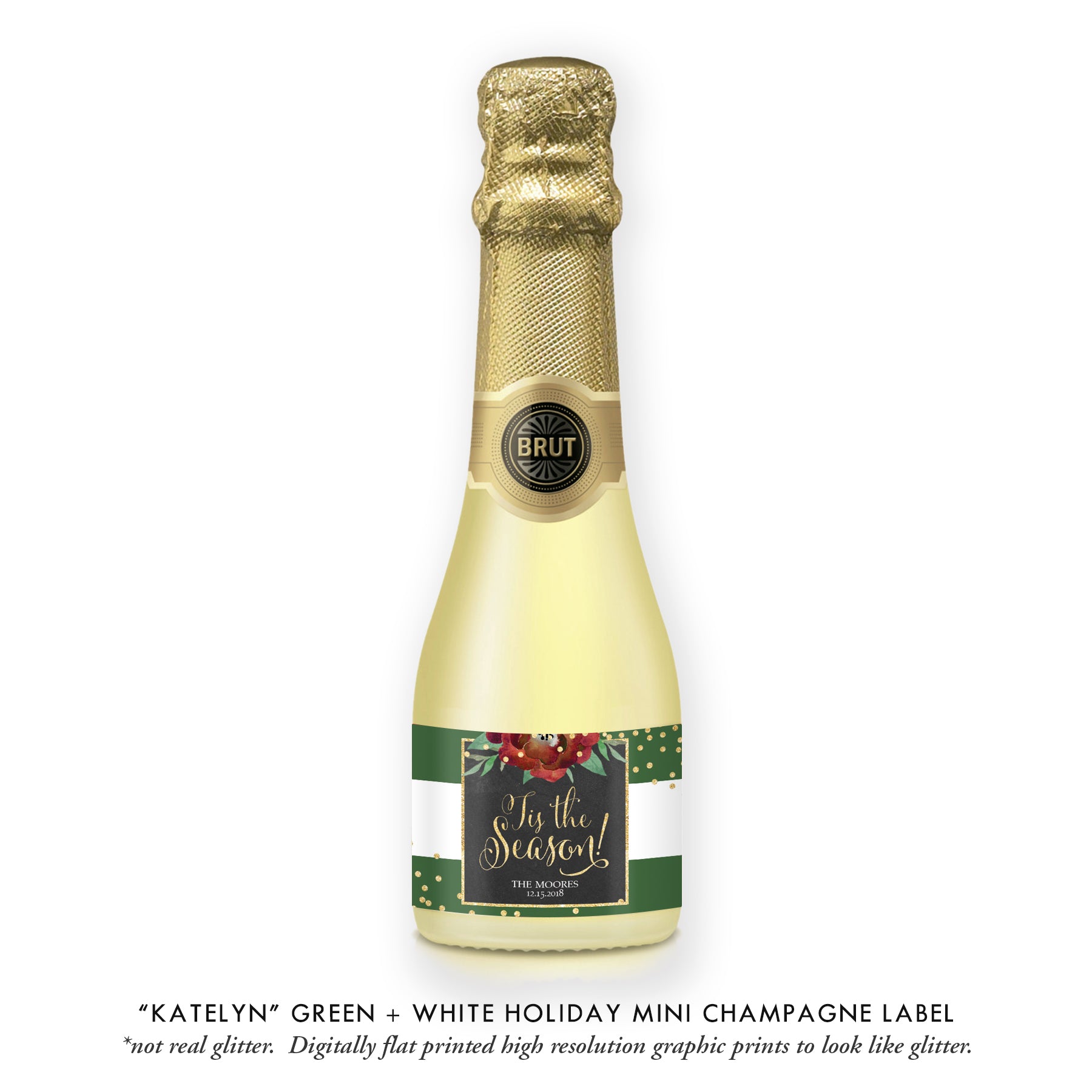 "Katelyn" Green + Gold Holiday Champagne Labels – Digibuddha