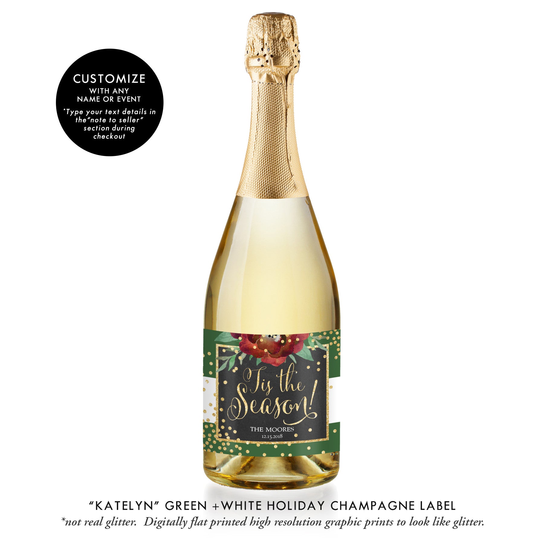 "Katelyn" Green + Gold Holiday Champagne Labels – Digibuddha